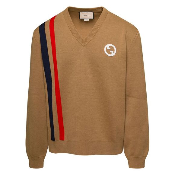 Gucci | Shirts | Gucci Men Beige Sweater With Interlocking G And V Neck ...